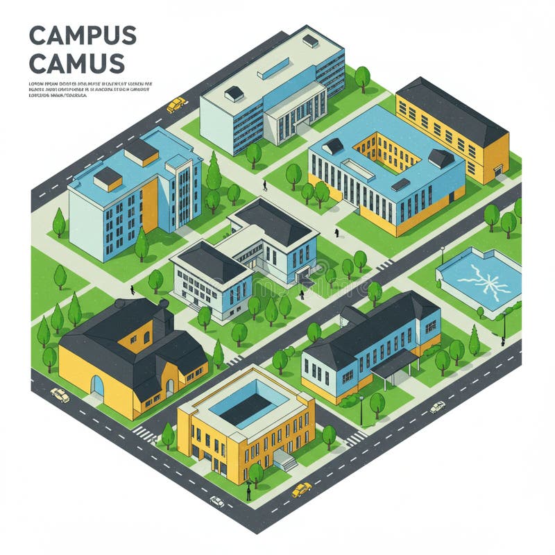 Isometric Illustration of a Campus Layout Featuring Multiple Modern ...