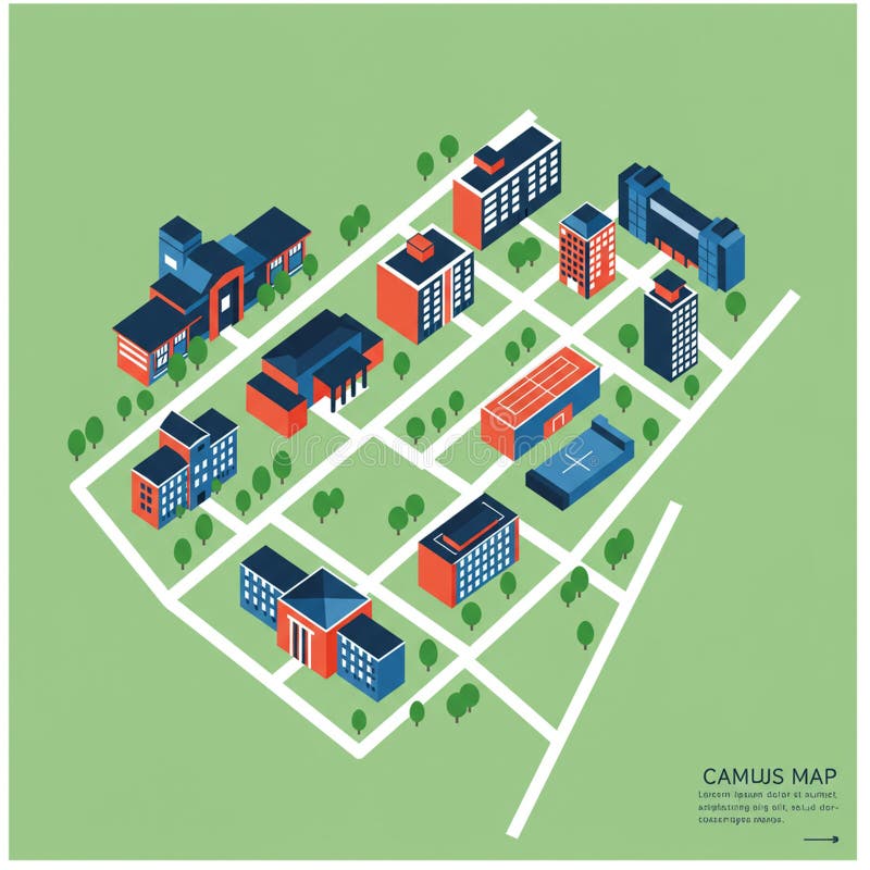 Isometric Illustration of a Campus Map Featuring Stylized Buildings in ...
