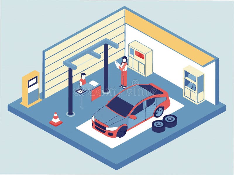 An Isometric Illustration of a Car Being Worked on in a Garage Stock ...