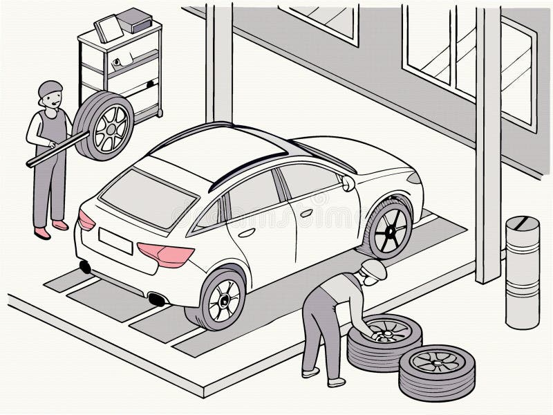 An Isometric Illustration of a Car Being Worked on in a Garage Stock ...