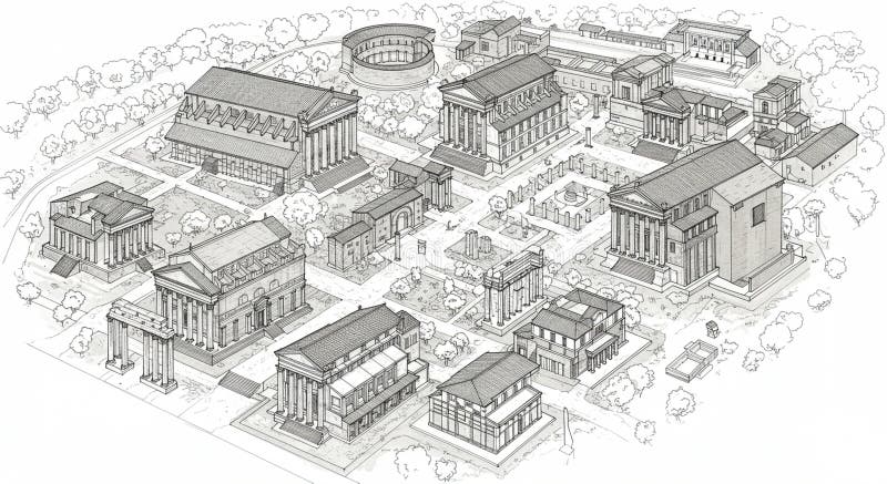 Isometric Illustration of a Classical Roman City Layout Featuring ...