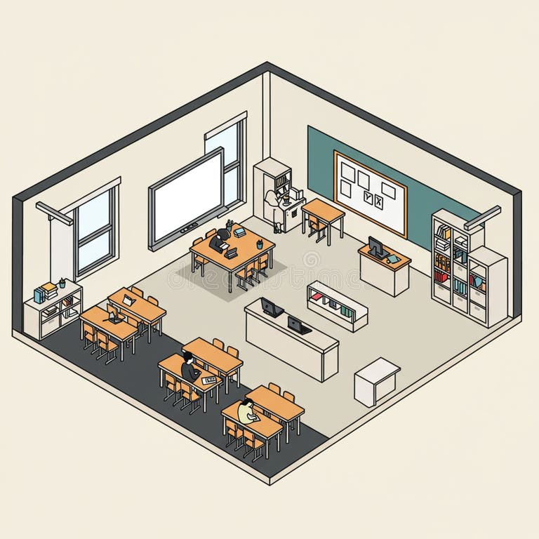 Isometric Illustration of a Classroom Featuring Rectangular Desks ...