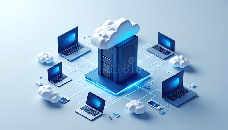 Isometric Illustration of Cloud Computing Concept. Server Connected with Multiple Devices ...