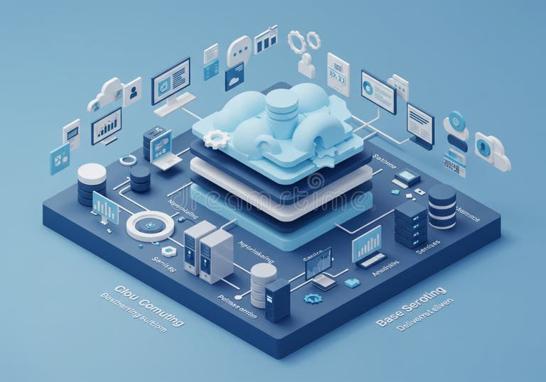 Isometric Illustration of a Cloud Computing System, Featuring a Layered ...