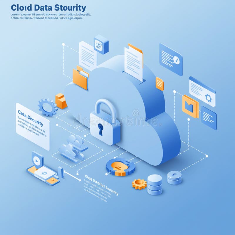 Isometric Illustration of Cloud Data Security. a Large Blue Cloud with a Padlock Stock ...