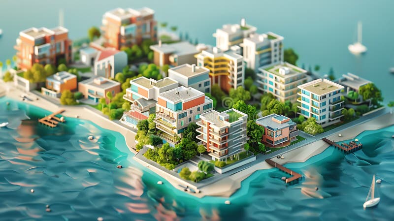 Isometric Illustration of a Coastal City with Zoning Regulations for ...