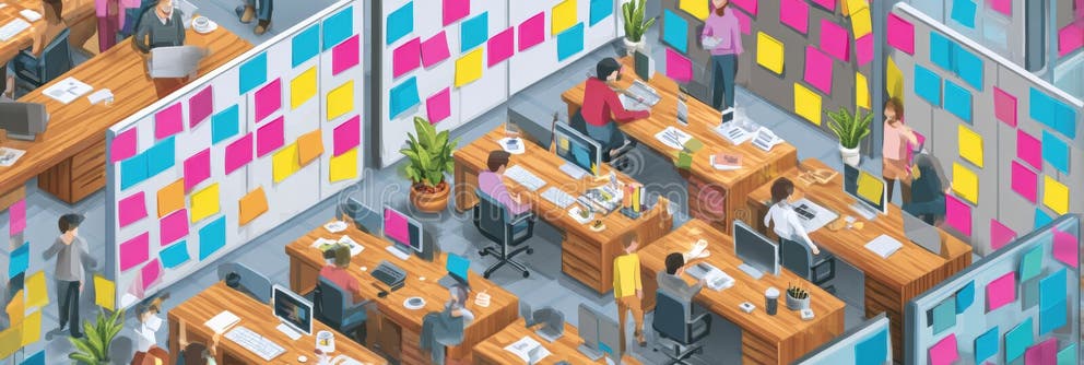 Isometric Illustration of Collaborative Office Environment with Laptops ...