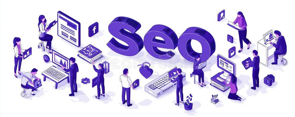 Isometric Illustration of Collaborative SEO Teamwork with Vibrant Digital Elements Showcased ...