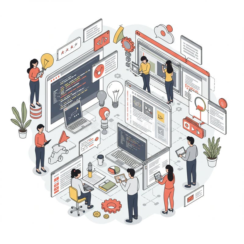 Isometric Illustration of a Collaborative Tech Environment, Featuring ...