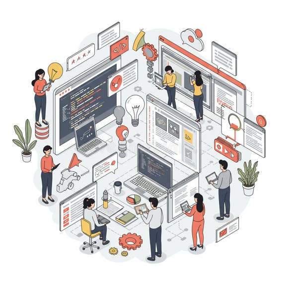 Isometric Illustration of a Collaborative Tech Environment, Featuring ...