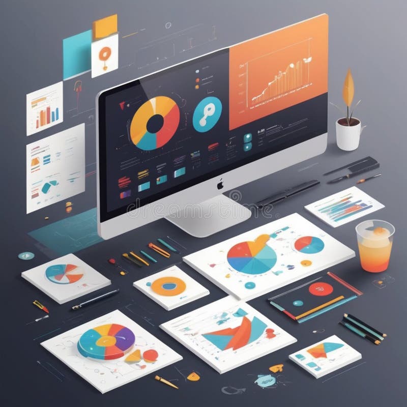 Isometric Illustration Colorful Data Charts Graphs Desktop Workspace ...