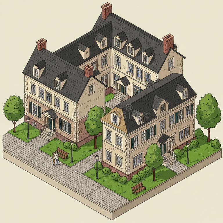 Isometric Illustration of a Complex Featuring Three Adjacent Brick Buildings with Stock ...