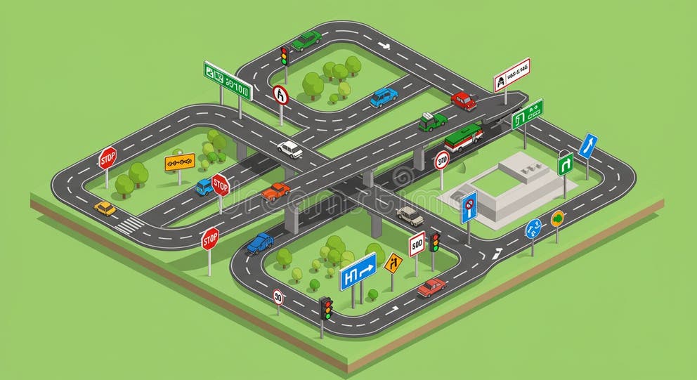 Isometric Illustration of a Complex Road Intersection, Featuring ...