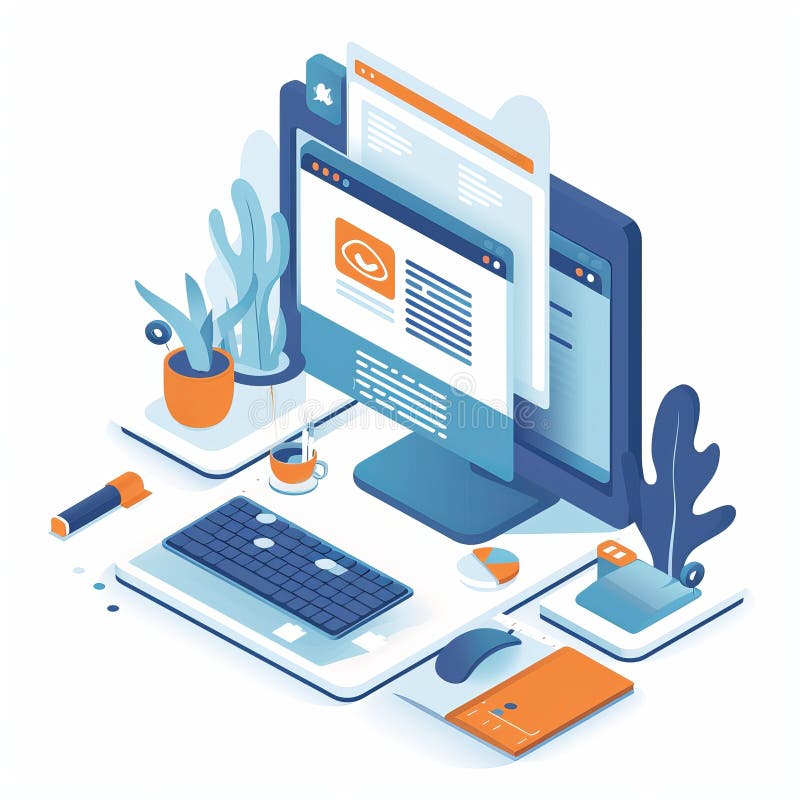 Isometric Illustration of a Computer Desktop with Open Web Pages ...