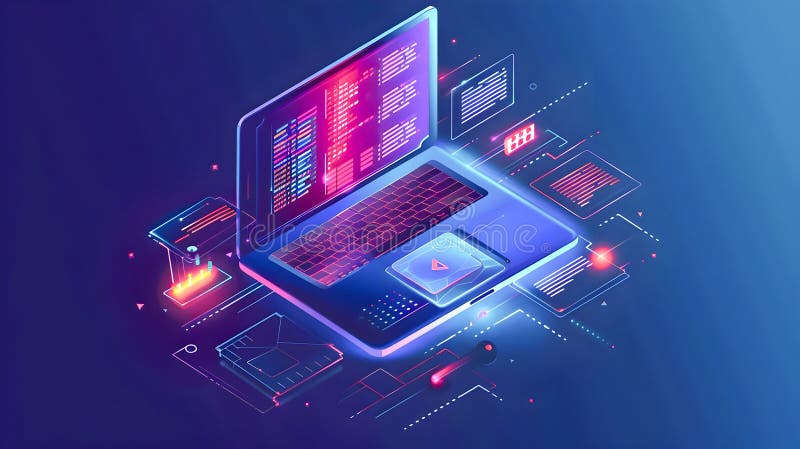 Isometric Computer Illustration with Neon Colors Stock Illustration ...