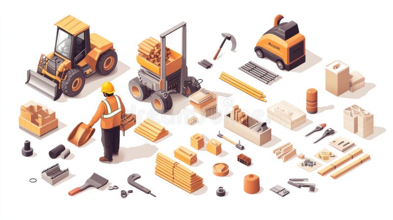 Isometric Illustration of Construction Site Equipment and Materials ...