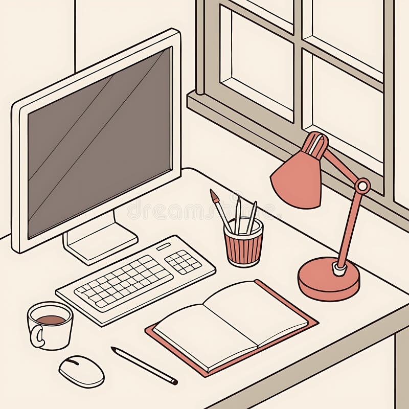 Isometric Illustration of a Cozy Workspace with Computer, Notebook, and ...