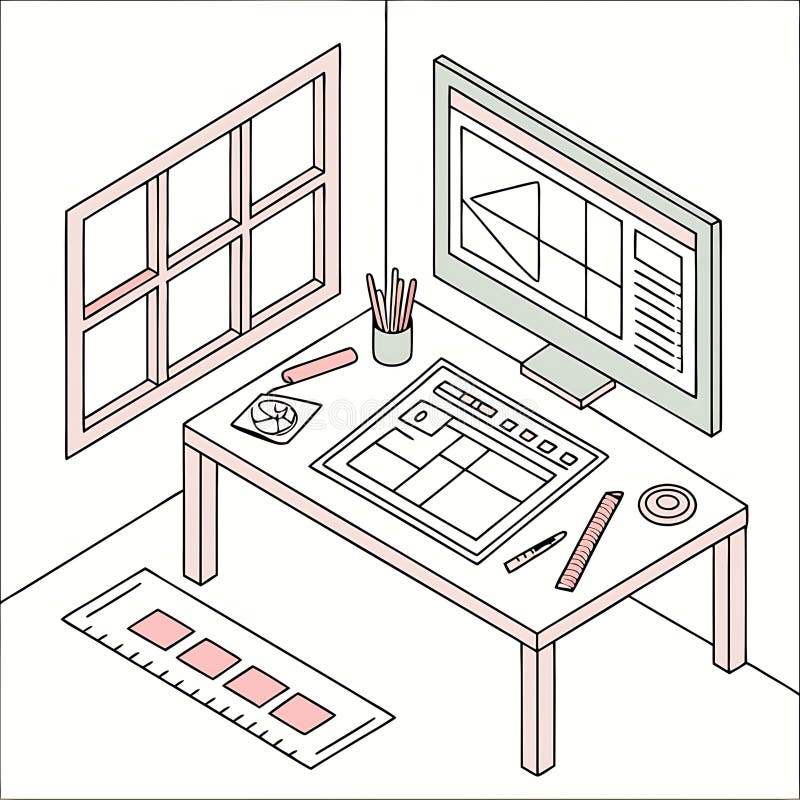 Isometric Illustration of a Creative Workspace with Computer and Design ...