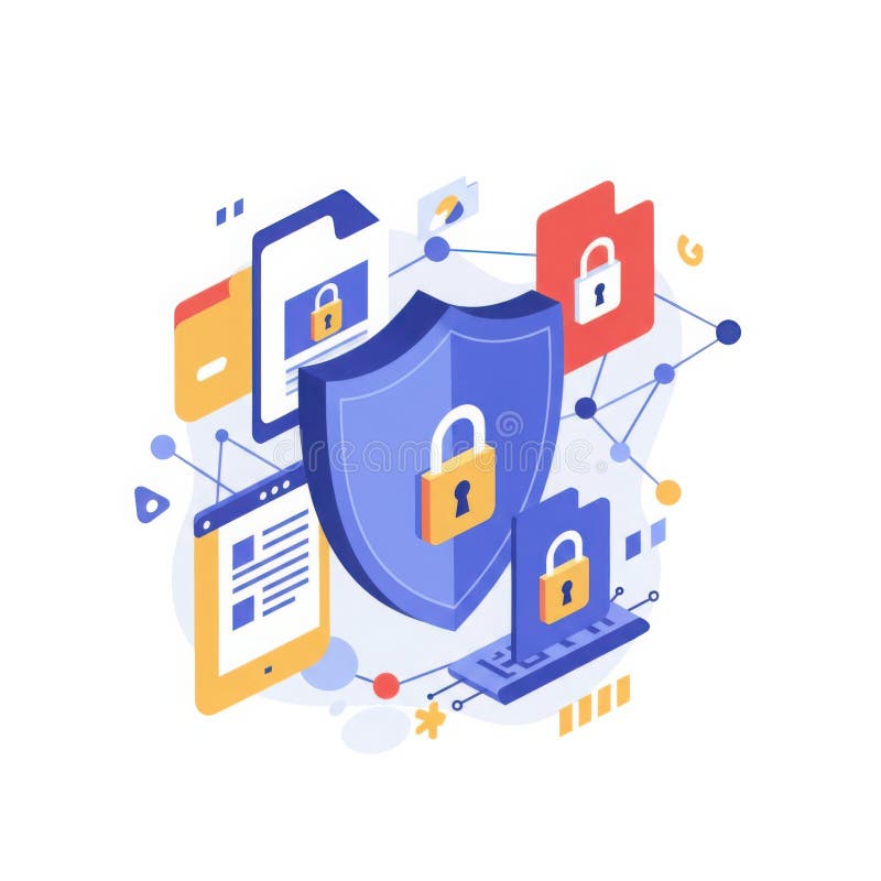 Isometric Illustration of Cyber Security Shield and Lock for Data ...