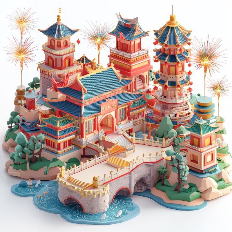 Isometric Illustration of 3d China City with Firework in New Year Icon ...