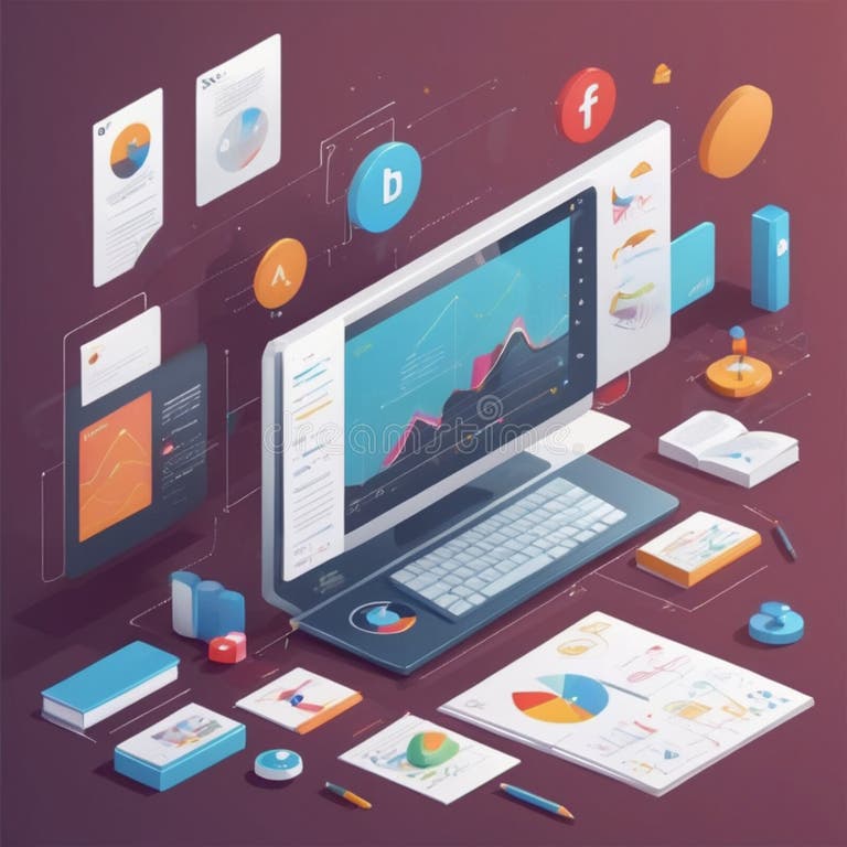 Isometric Illustration Data Analytics Desktop Computer Graphs Charts ...