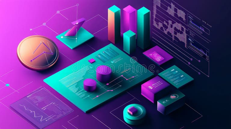 Isometric Illustration of Data Visualization, Charts, and Graphs Stock ...