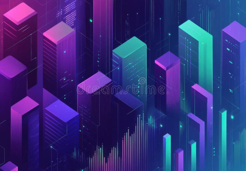 Isometric Illustration of Data Visualization with Neon Skyscrapers ...