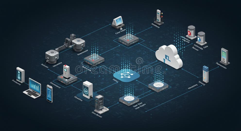 Isometric Illustration Depicting a Cloud Computing Network. Central Cloud Icon Stock ...