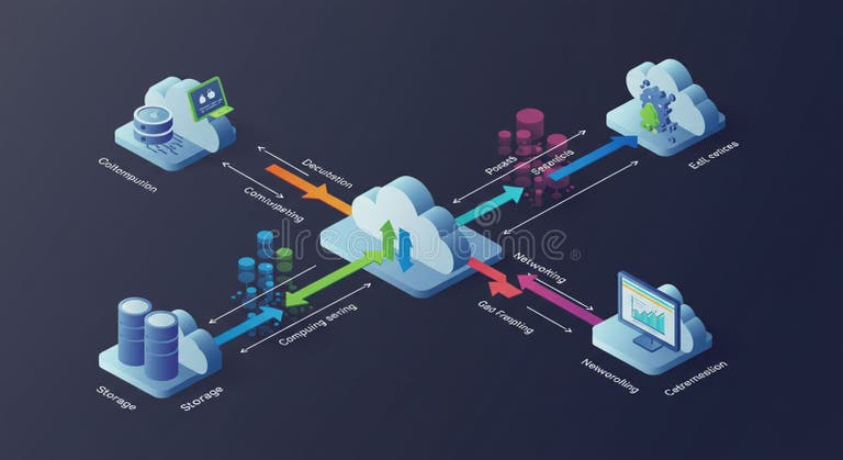 Isometric Illustration Depicting a Cloud Computing Workflow. Arrows Indicate Data Flow Stock ...