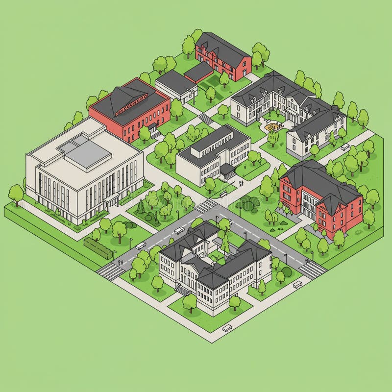 Isometric Illustration Depicting a College Campus with Various ...