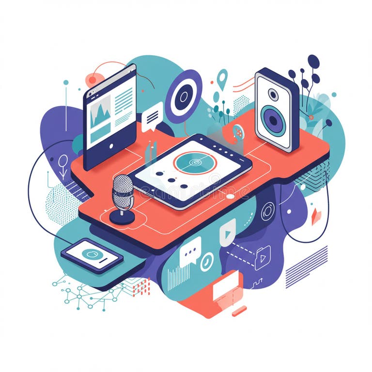 Isometric Illustration Depicting a Digital Audio Setup. Central ...