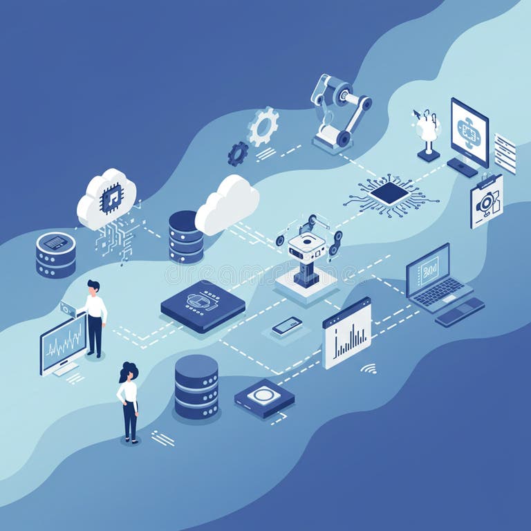 Isometric Illustration Depicting a Digital Landscape with ...