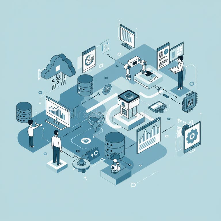Isometric Illustration Depicting a Digital Landscape with ...