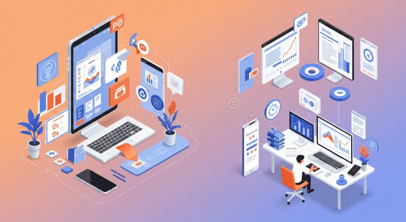 Isometric Illustration Depicting a Digital Workspace with a Focus on ...