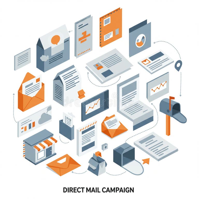 Isometric Illustration Depicting a Direct Mail Campaign. Elements ...