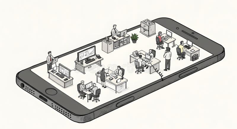Mobile Office: Modern Workplace on Smartphone Screen Stock Illustration ...
