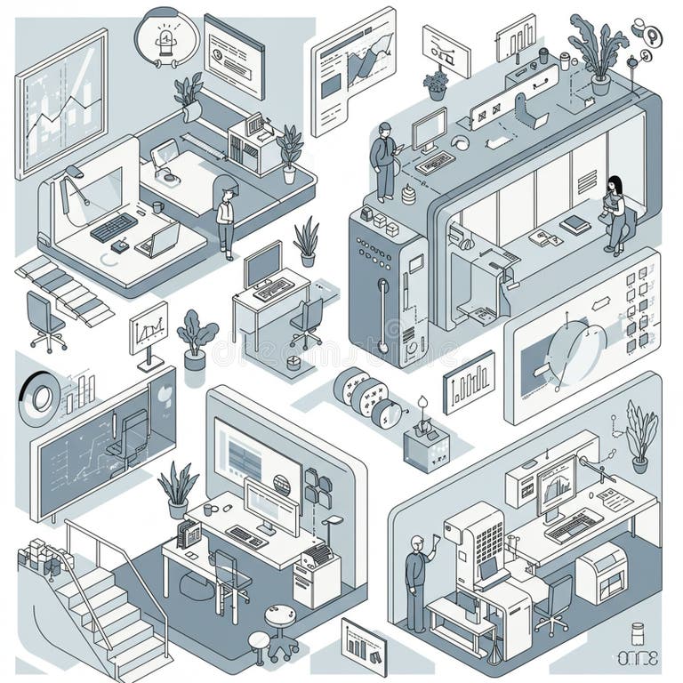 Isometric Illustration Depicting a Modern Office Environment with ...