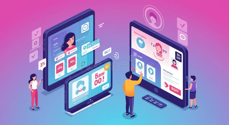 Isometric Illustration Depicting People Interacting with Large Digital ...