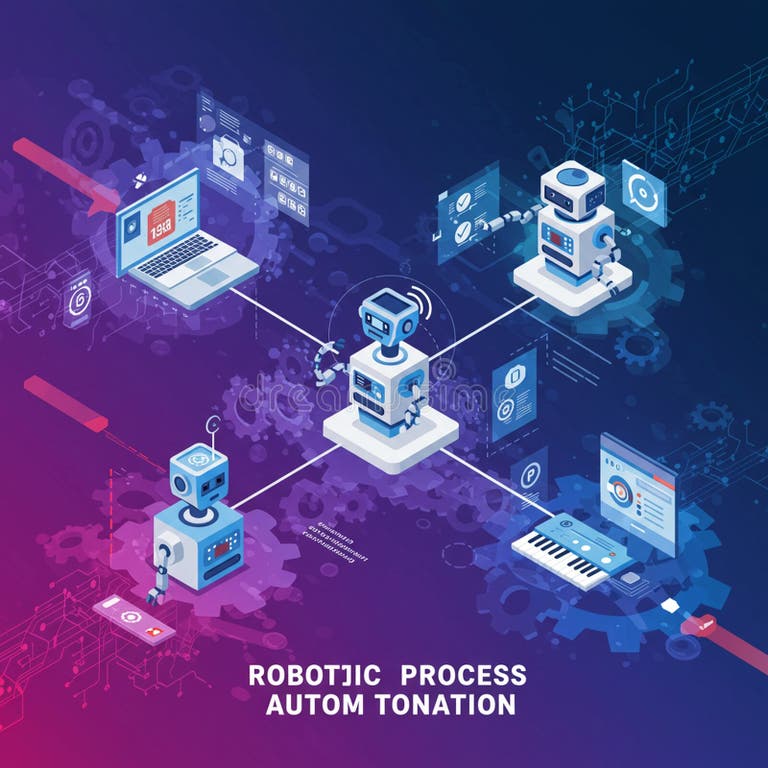 Isometric Illustration Depicting Robotic Process Automation. Features ...