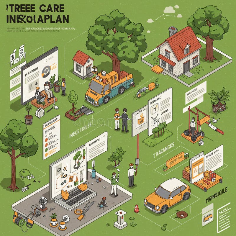 Isometric Illustration Depicting a Tree Care and Landscaping Plan ...