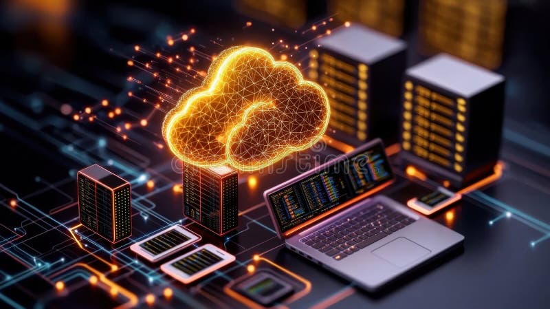 An Isometric Illustration Depicting a Vibrant Neon Colored Cyber Space ...