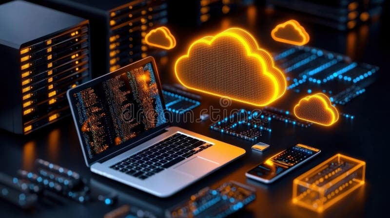 An Isometric Illustration Depicting a Vibrant Neon Colored Cyber Space ...