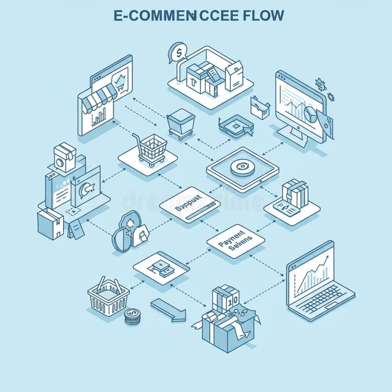 Isometric Illustration Depicts an E-commerce Flowchart Against a Light ...