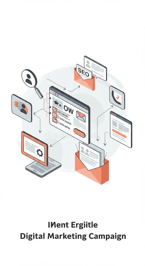 Isometric Illustration of a Digital Marketing Campaign. Central ...