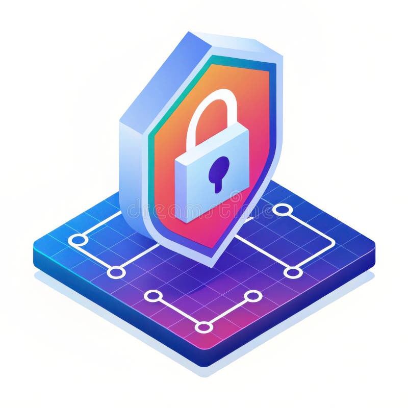 An Isometric Illustration of a Digital Shield with a Lock Symbol ...