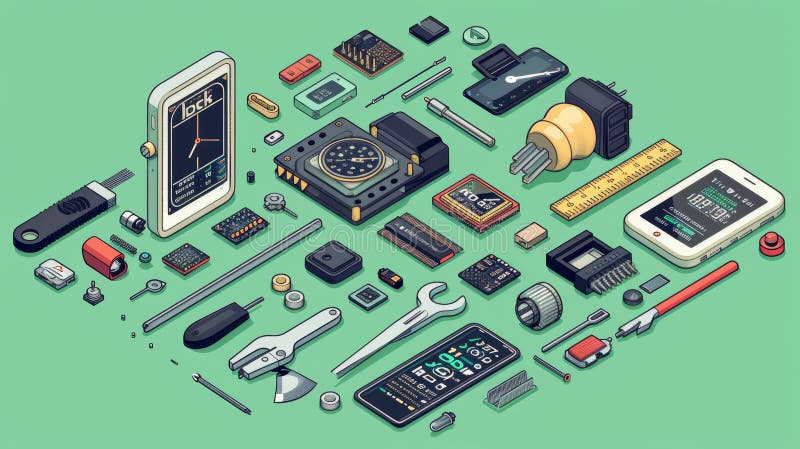 An Isometric Illustration of a Disassembled Smartphone with Various ...