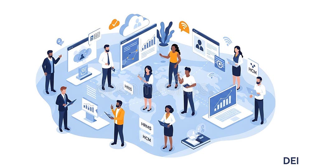 Isometric Illustration of Diverse Office Workers Engaging with Digital ...