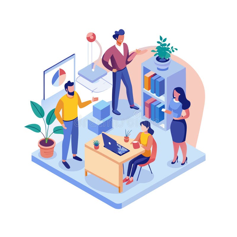 Isometric Office Scene Illustrating Team Collaboration and Business ...