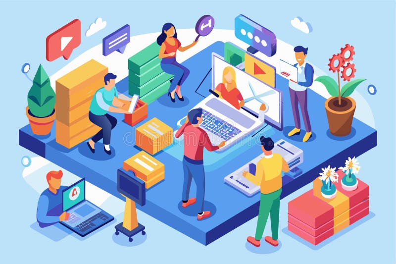 Isometric Illustration of a Diverse Team Working on a Video Editing ...