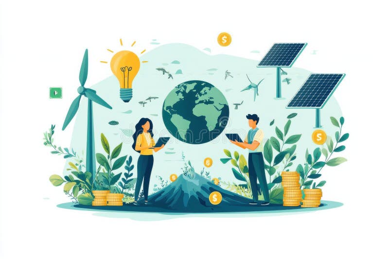 Isometric Illustration of Eco-Friendly Energy Systems and Sustainability Practices Stock Image ...